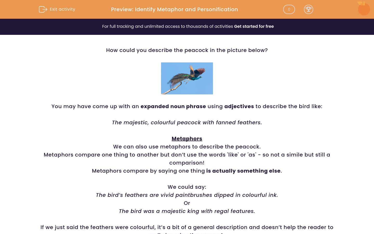 Identify Metaphor and Personification Worksheet - EdPlace