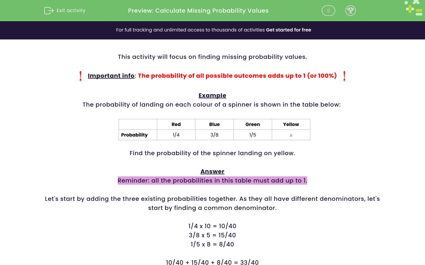 Calculate Missing Probability Values Worksheet - EdPlace
