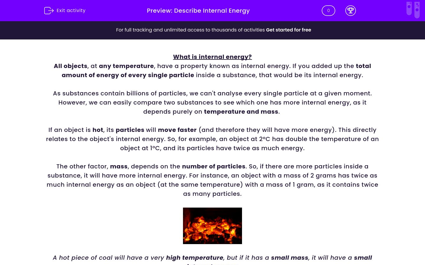 Describe Internal Energy Worksheet - EdPlace