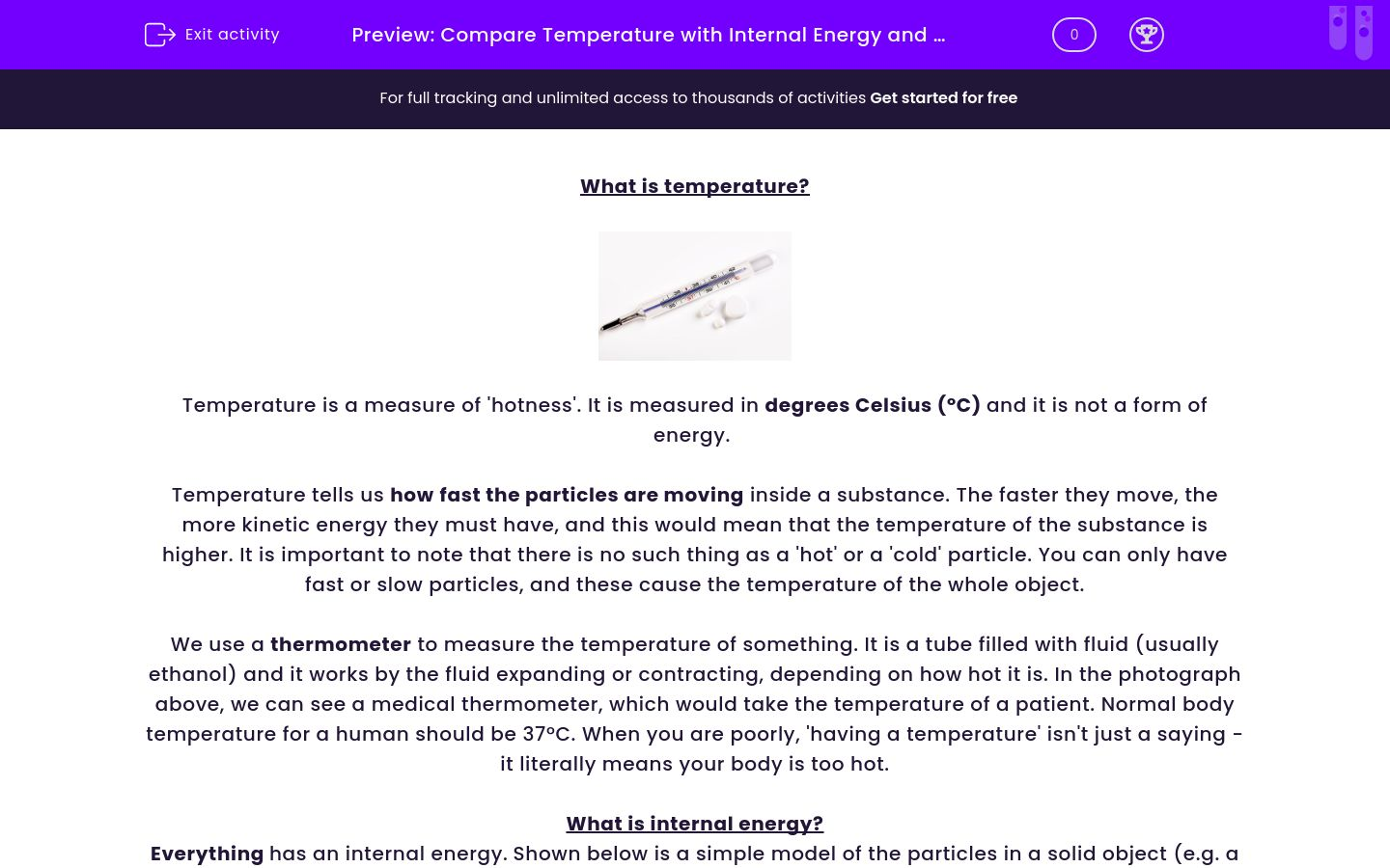 Compare Temperature with Internal Energy and Thermal Energy Worksheet - EdPlace